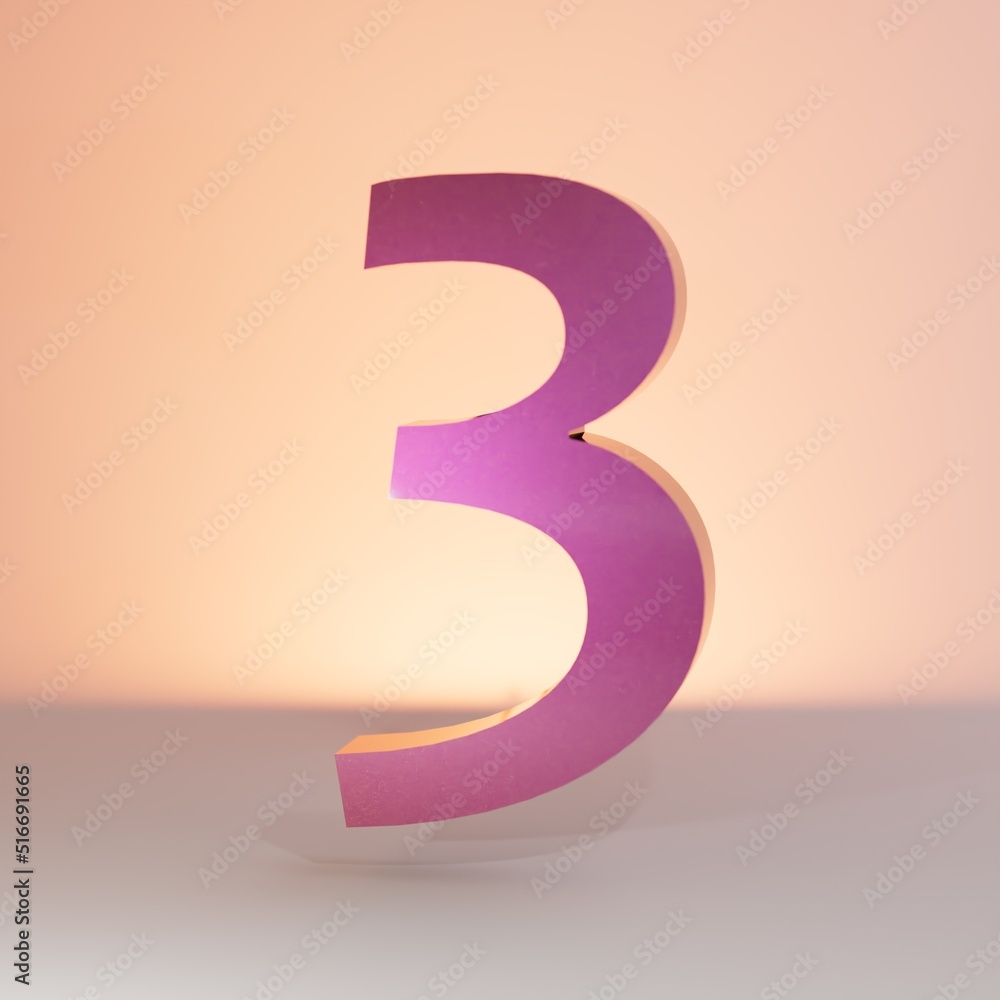 a large pink illuminated number 3 against a background of pastel colors ... a large pink illuminated number 3 against a background of pastel colors ...