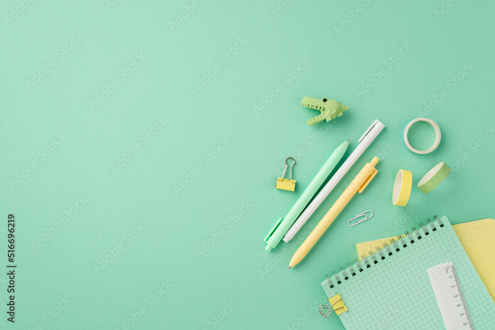 Back to school concept. Top view photo of school supplies animal shaped ...