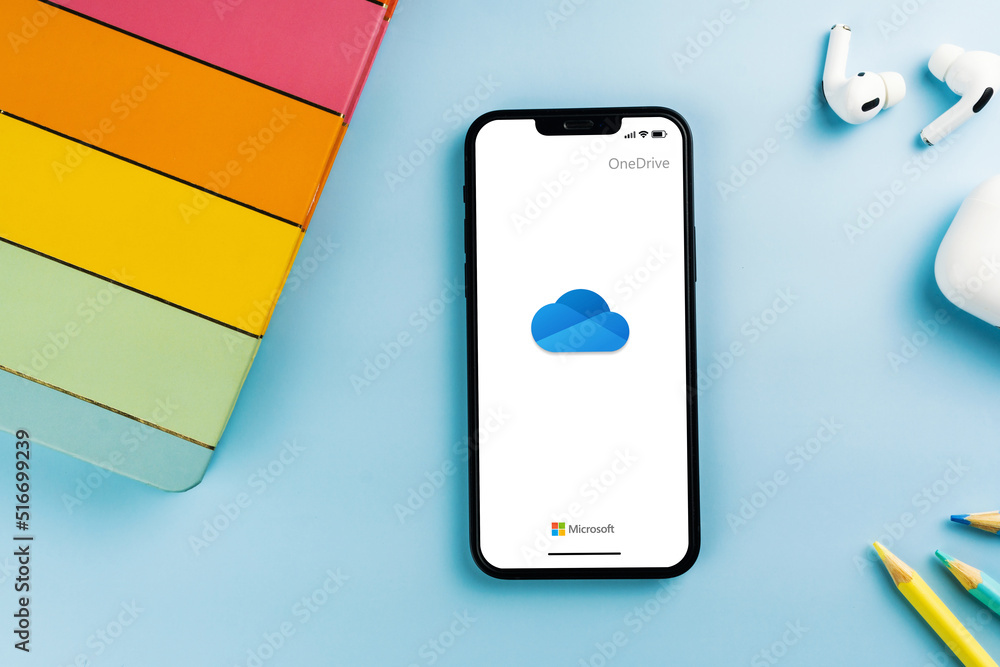 Microsoft Onedrive cloud storage app on the smartphone screen. Blue ...