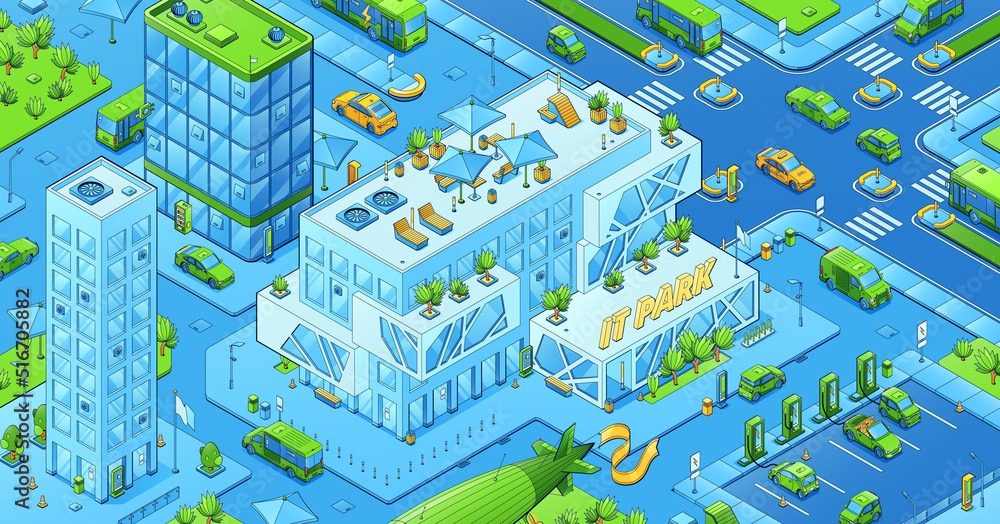 Isometric modern cityscape, city plan with IT park building and parking ...