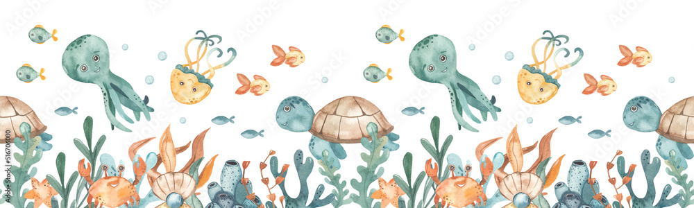 Watercolor seamless border with cute sea creatures, sea turtle, octopus ...