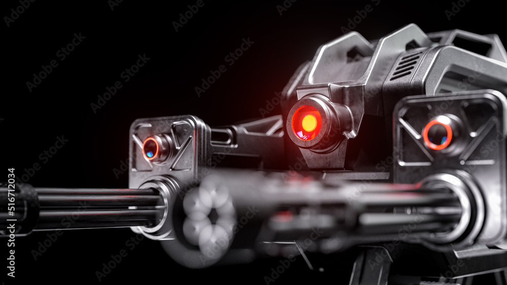3D illustration of industrial sci fi futuristic military turret machine ...
