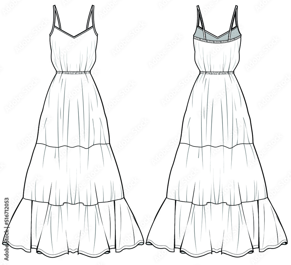 Strappy Flared Maxi Tiered Dress Front And Back View Fashion