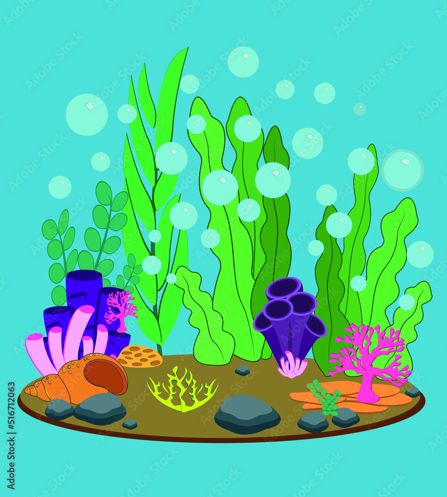 Vector ocean world. Exotic seascapes with seaweeds. Colorful background ...