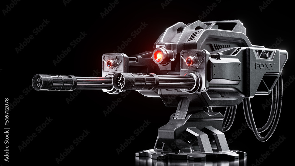 3D illustration of industrial sci fi futuristic military turret machine ...
