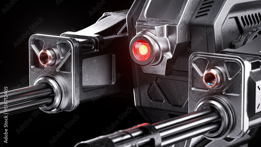 3D illustration of industrial sci fi futuristic military turret machine ...