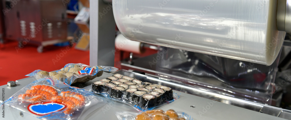 Automatic food production line on conveyor belt equipment machinery in ...