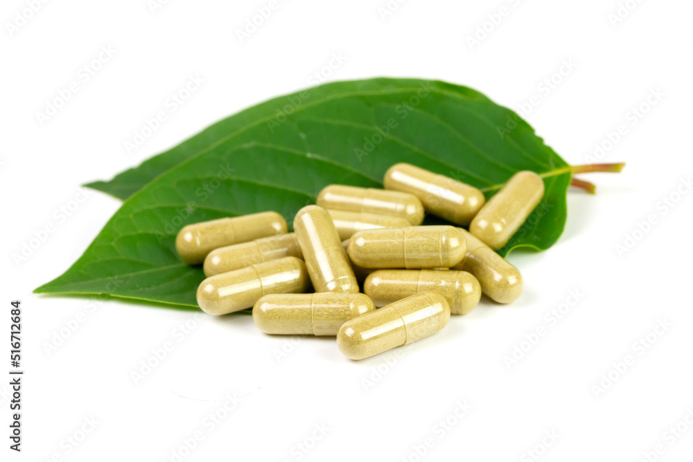 Mitragyna Speciosa Korth or kratom capsules with green leaf isolated on ...