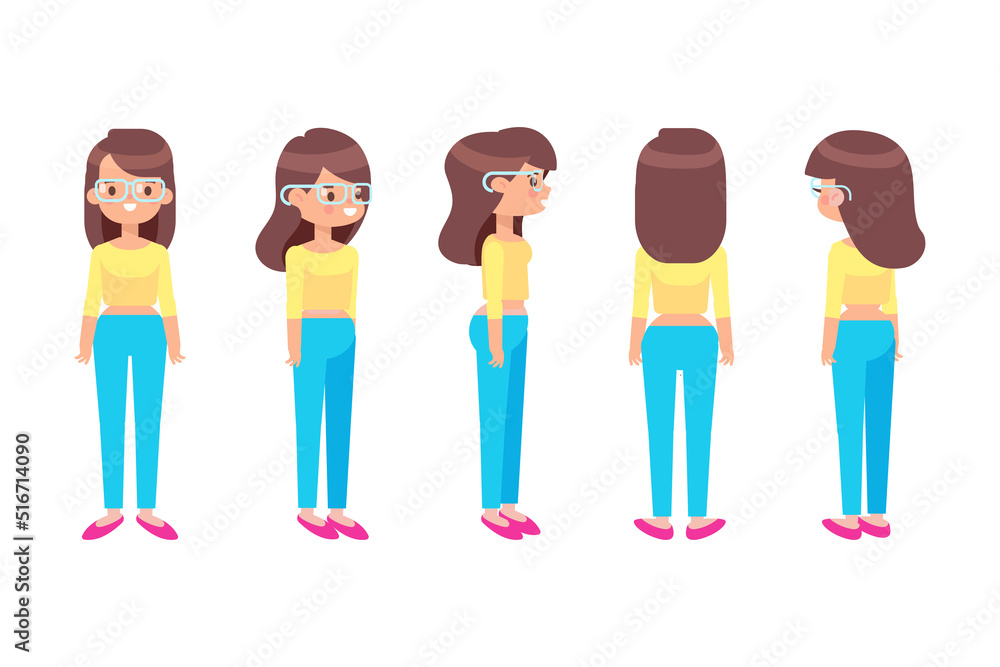 Geek Girl front, side, back, 3-4 view flat vector character for ...