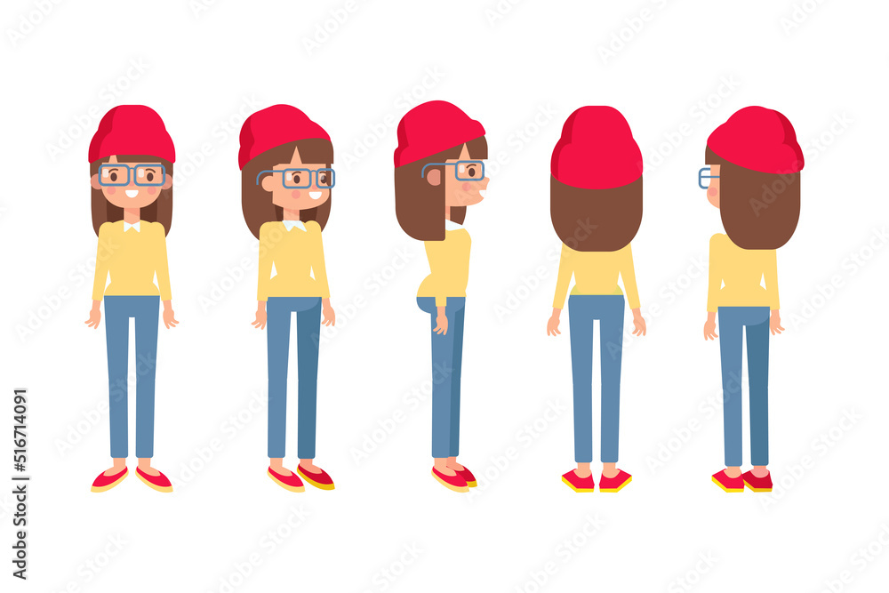 Vetor de Geek Girl front, side, back, 3-4 view flat vector character ...