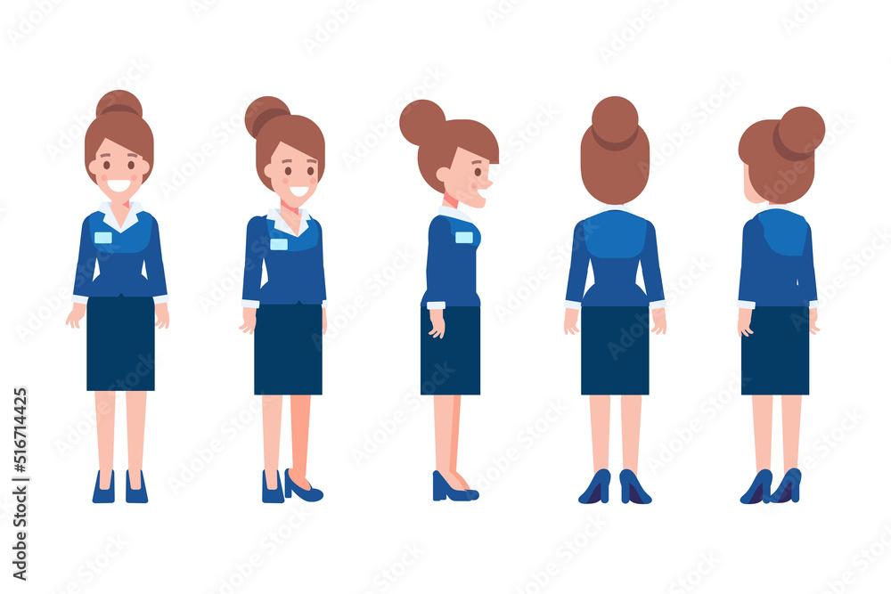Girl, Woman front, side, back view flat vector character for animation ...