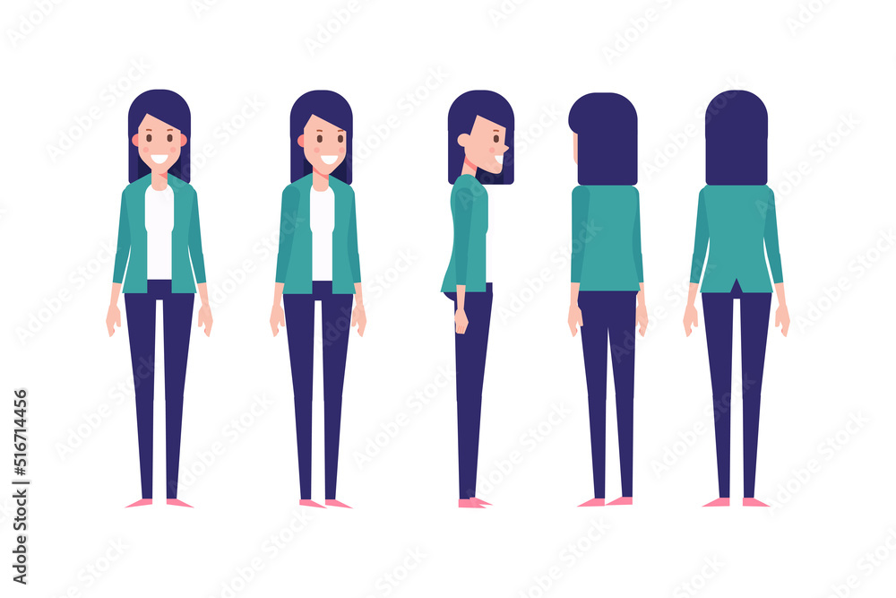 Girl, Woman front, side, back view flat vector character for animation ...