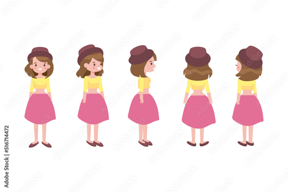 Girl, Woman front, side, back, 3-4 view flat vector character for ...