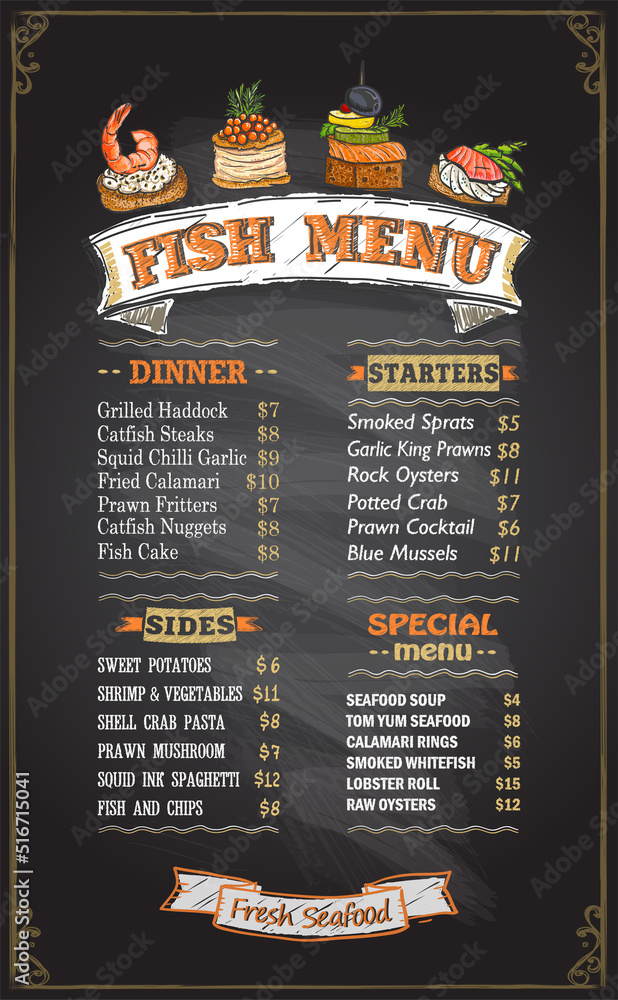 Fish chalk menu board vector mockup with dinner, starters, sides and ...