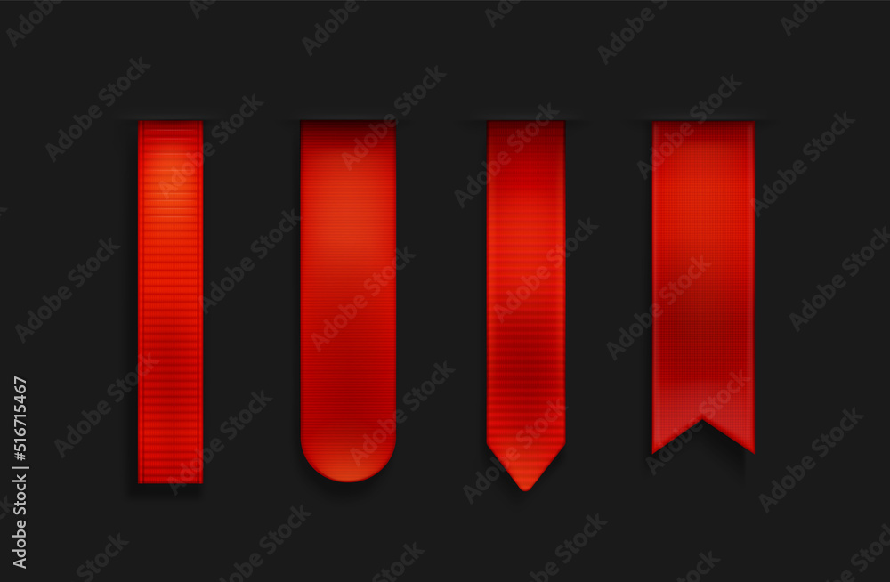 Red bookmarks, ribbon, banner 3d mockup, blank book marks with rounded ...