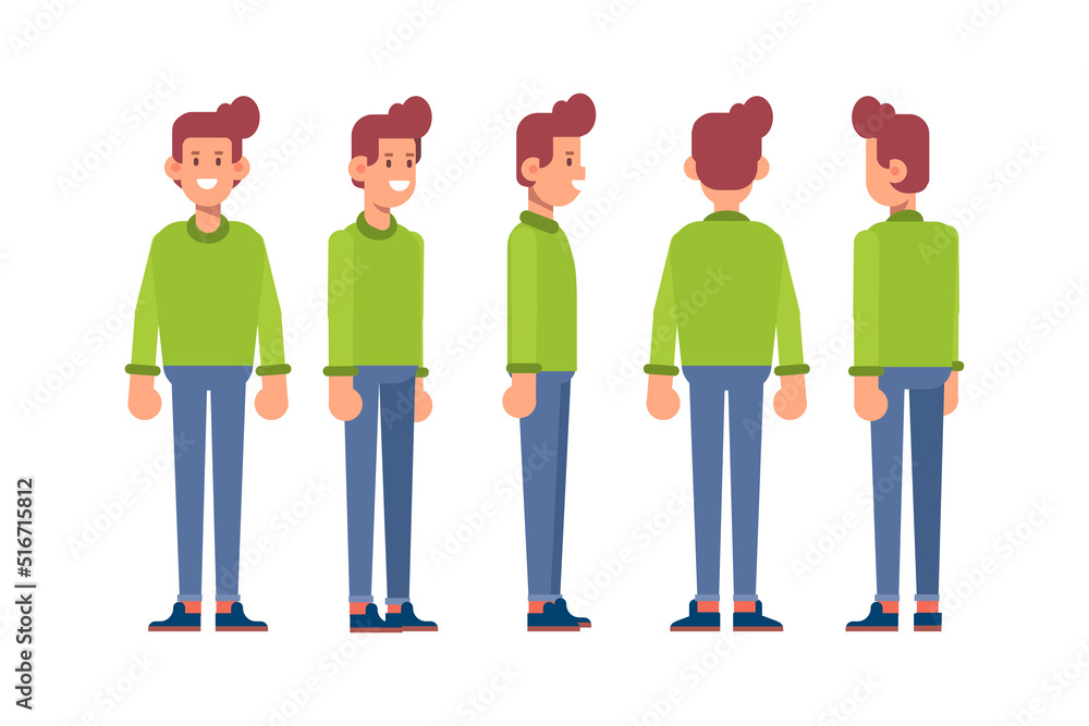 Man, male, guy front, side, back view flat vector character for ...