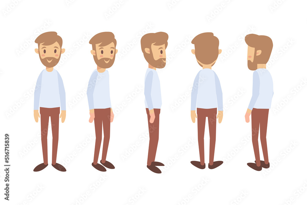 Man, male, guy front, side, back view flat vector character for ...