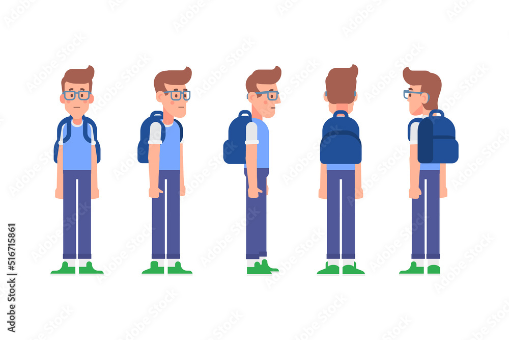 Man, male, guy front, side, back view flat vector character for ...