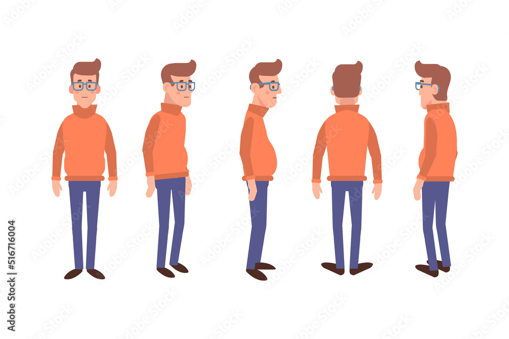 Man, male, guy front, side, back view flat vector character for ...