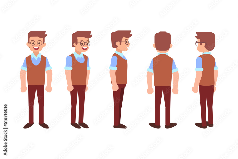 Man, male, guy front, side, back view flat vector character for ...
