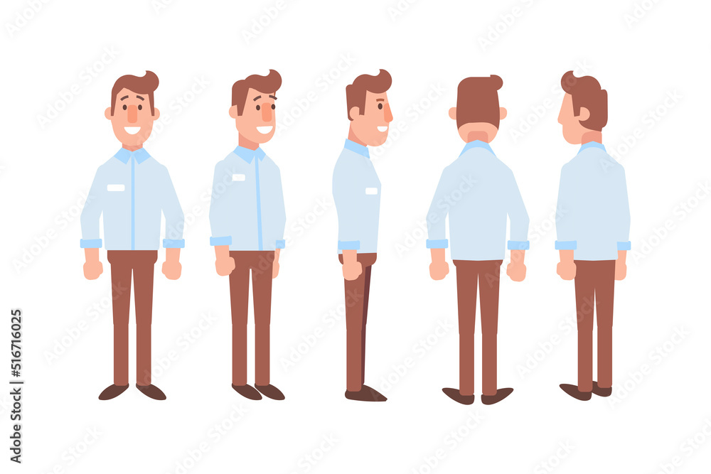 Man, male, guy front, side, back view flat vector character for ...