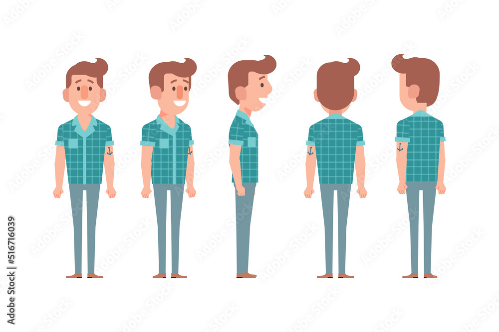 Man, male, guy front, side, back view flat vector character for ...
