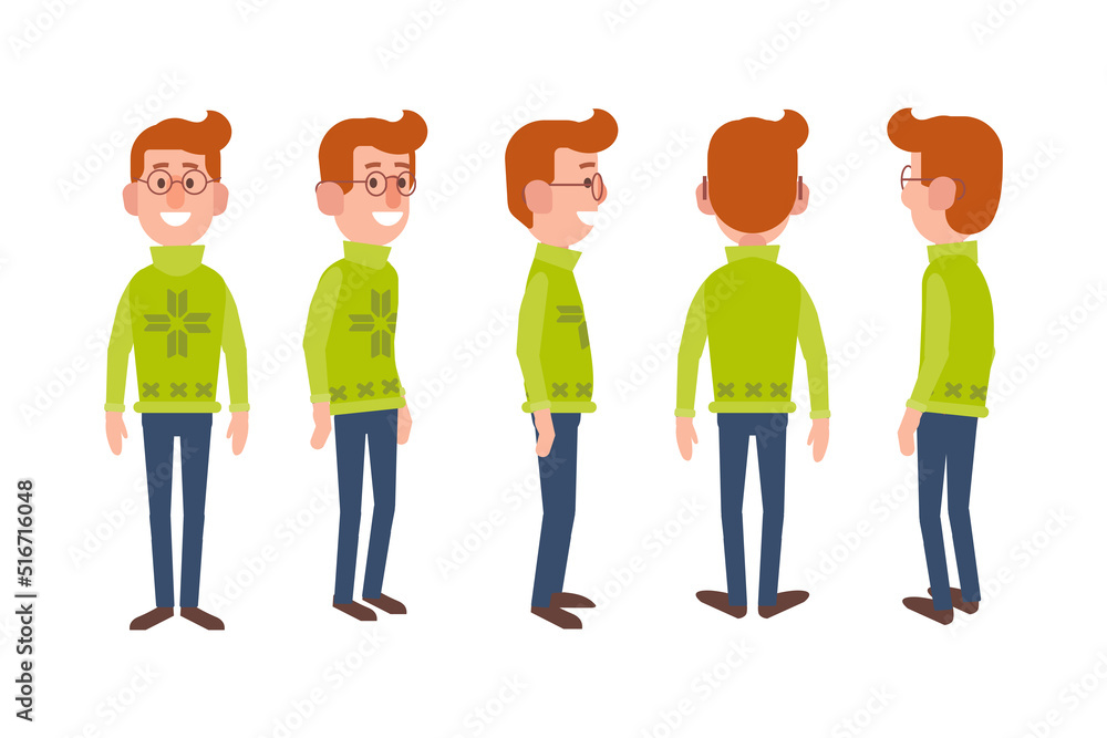 Man, male, guy front, side, back view flat vector character for ...