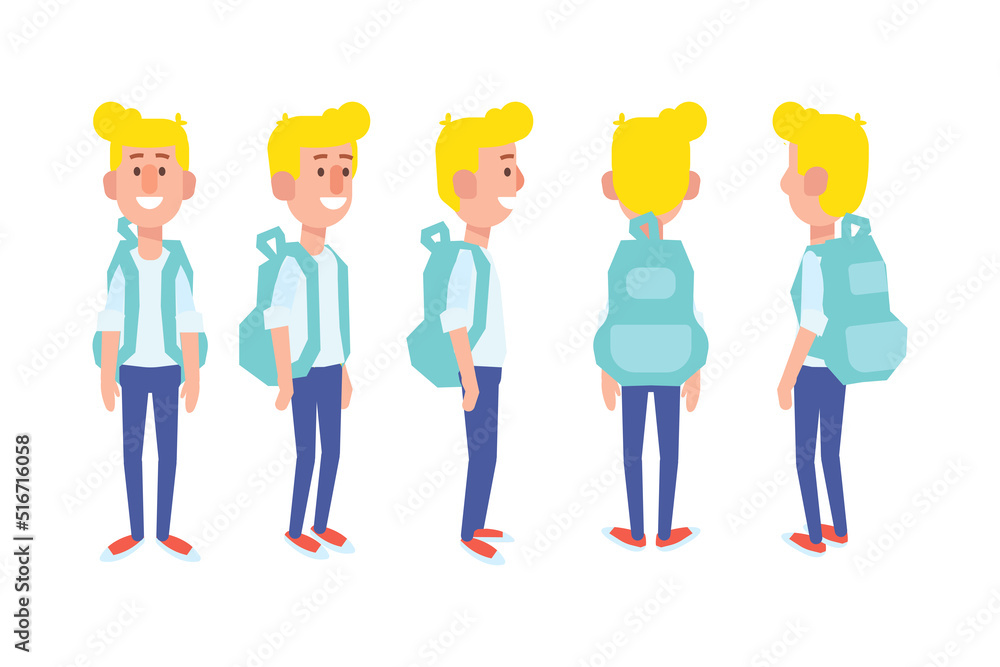Man, male, guy front, side, back view flat vector character for ...