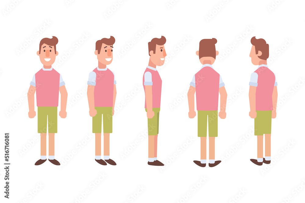 Man, male, guy front, side, back view flat vector character for ...