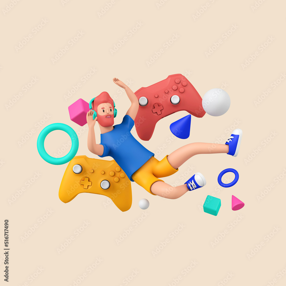 Video game concept. Young gamer surrounded by games controller and ...