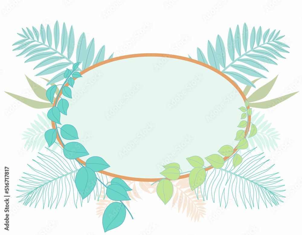 Colorful tropical circle frame background with leaves, banner, room for ...
