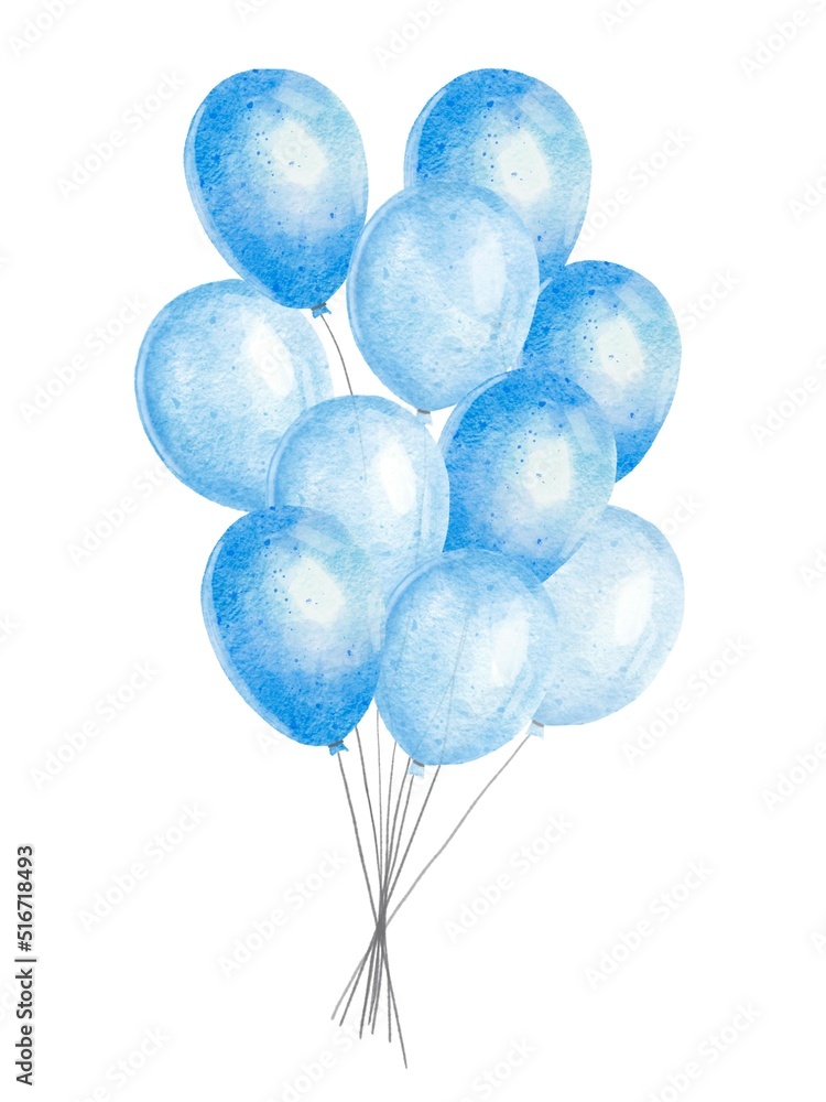 Watercolor blu air balloons. Hand drawing illustration gif of party ...