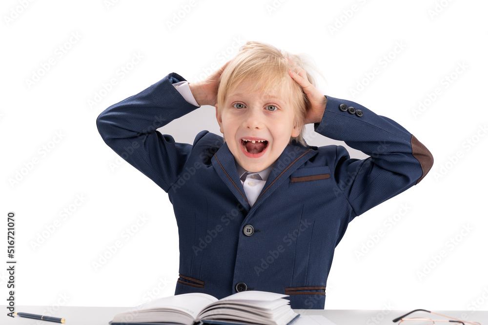 Boy doing homework. Schoolboy grabbing head and screaming. Overloaded ...