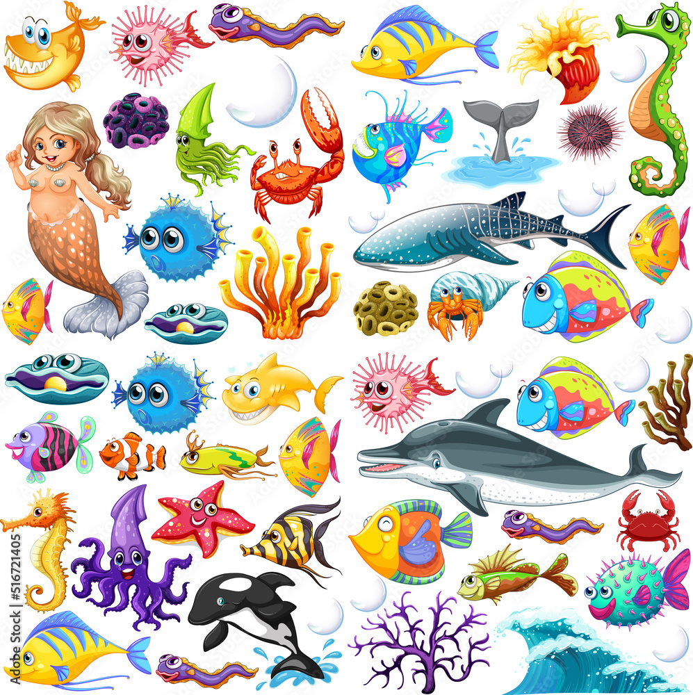 Different types of sea animals Stock Vector | Adobe Stock