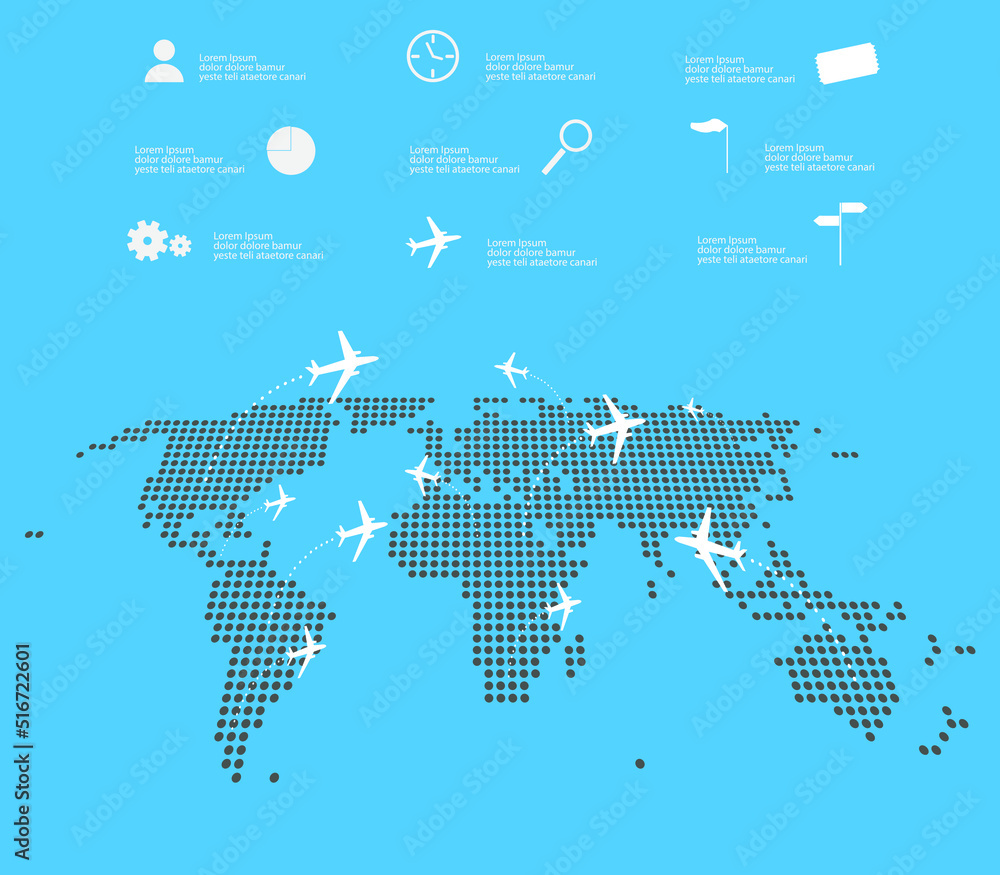 Vector infographic template with dotted map icons and airplane arrivals ...