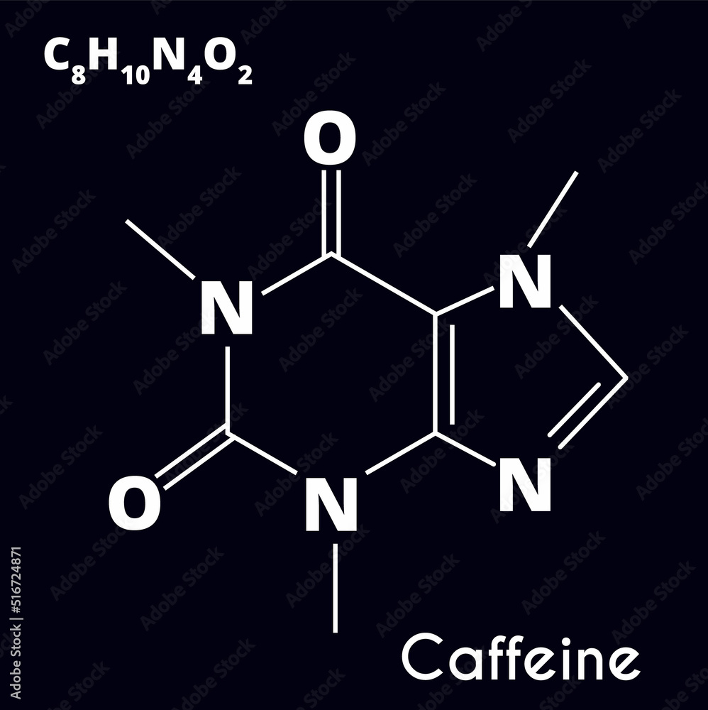 Caffeine molecule isolated on black and white background. Recreational ... Caffeine molecule isolated on black and white background. Recreational ...