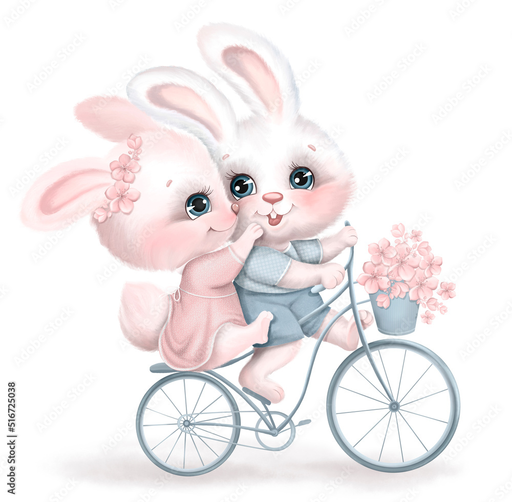 Illustrazione Stock Cute couple white rabbit ride a bike. Two watercolor baby hares - bunny boy ...