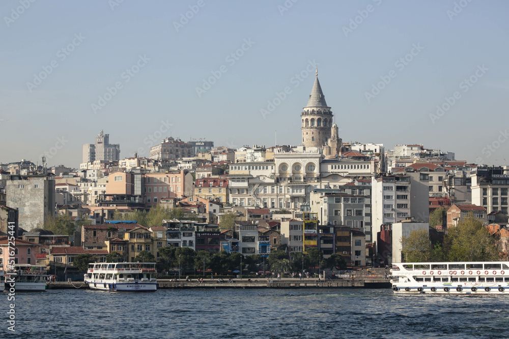 Galata district with famous Galata Tower. Medieval Galata Tower is ...