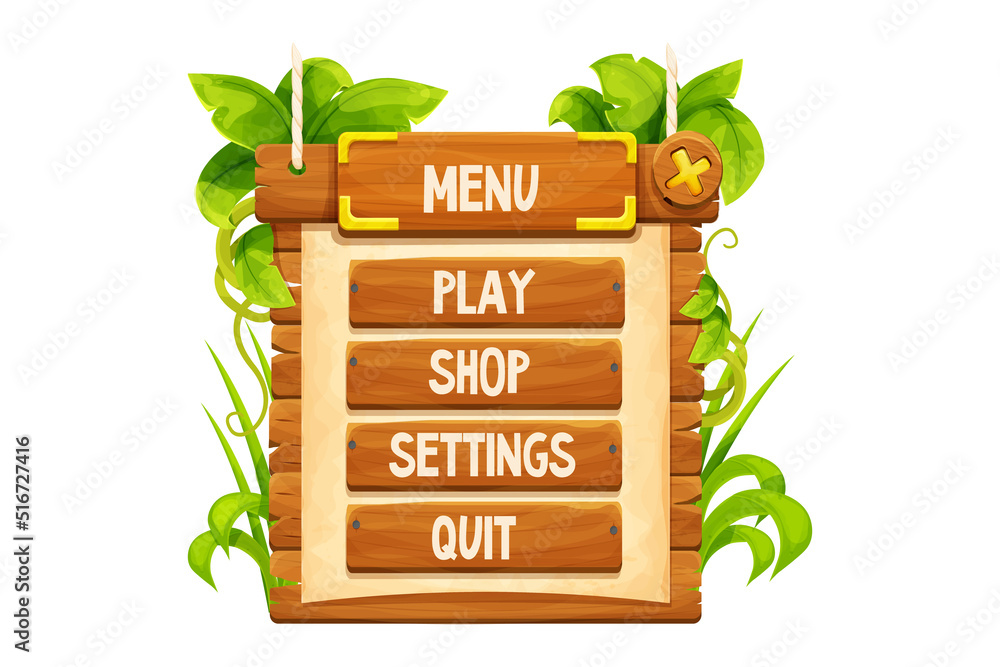 Game menu Jungle frame with wooden planks, old paper, rope, decorated ...