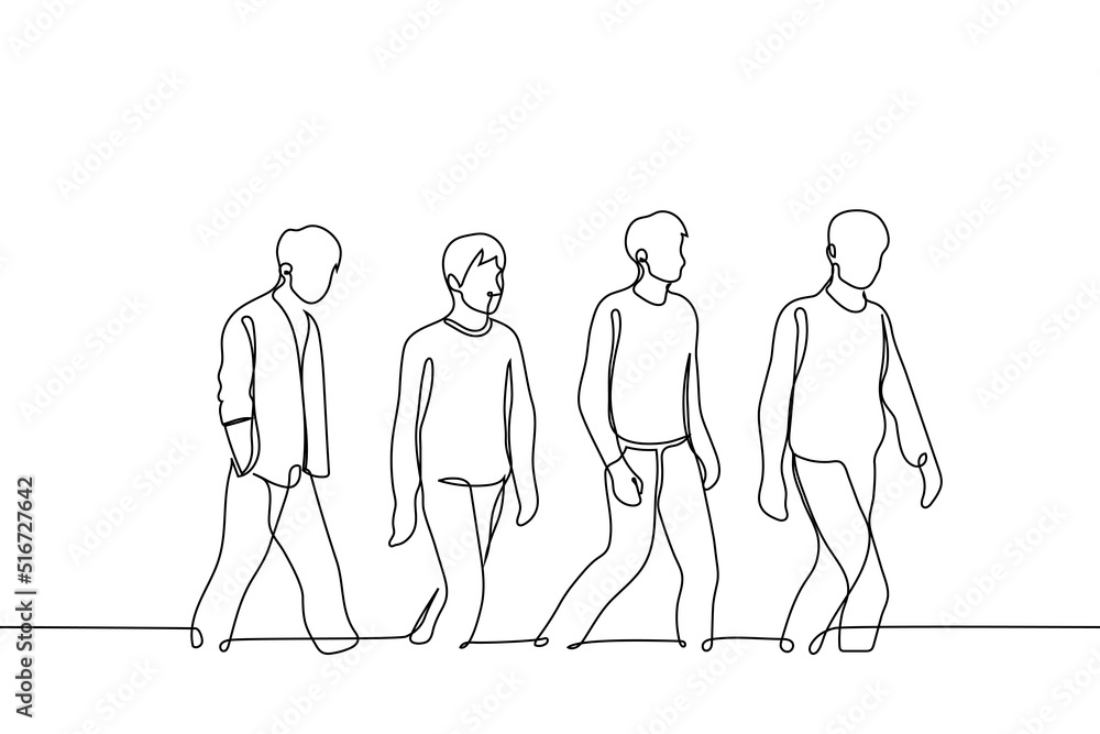 group of young men (students) walk in the same direction separately ...