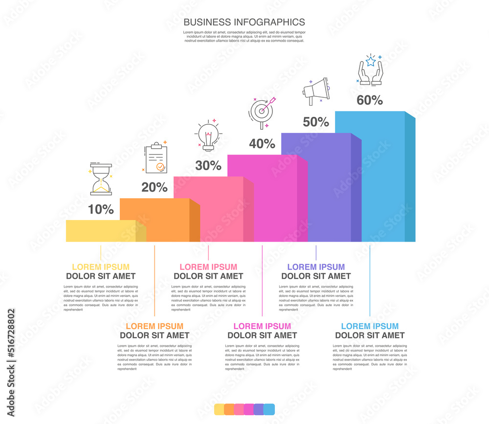 Vector creative infographic of columns bar chart with six options ...