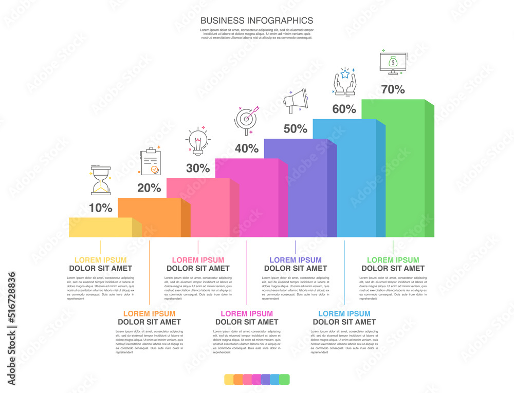 Vector creative infographic of columns bar chart with seven options ...