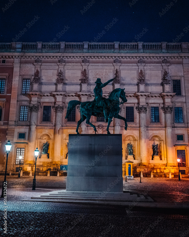Stockholm, Sweden - July 2022. Gustav II Adolfs Statue at night. Stock ...