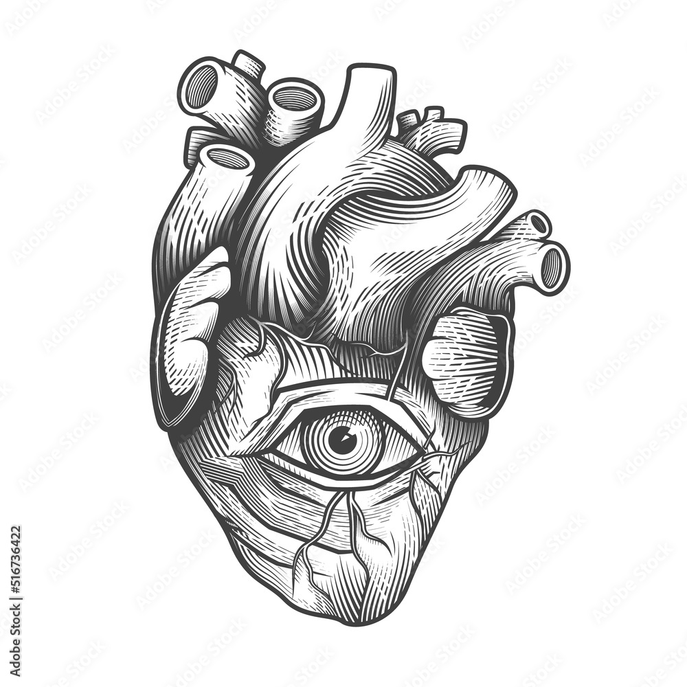 Inner wisdom, sacred all seeing heart. Vector illustration in engraving ...