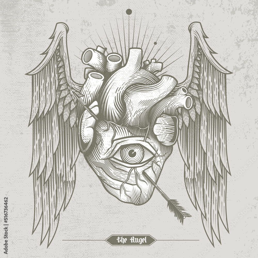 Inner wisdom, sacred all seeing heart. Vector illustration in engraving ...