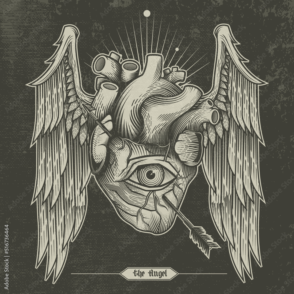 Inner wisdom, sacred all seeing heart. Vector illustration in engraving ...