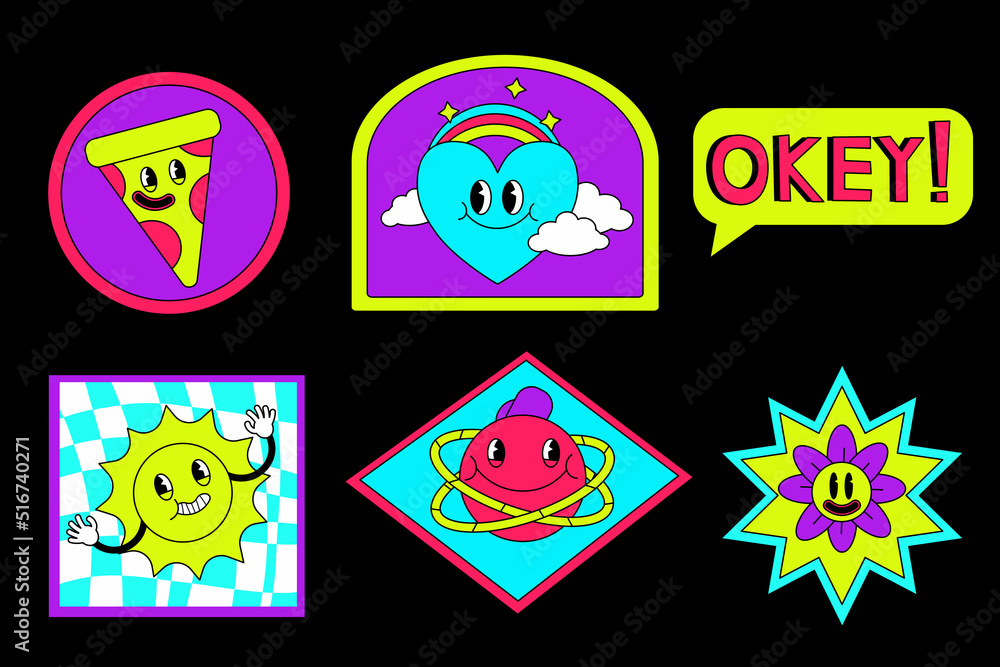 Funny crazy psychedelic stickers set print. Vector cartoon illustration ...