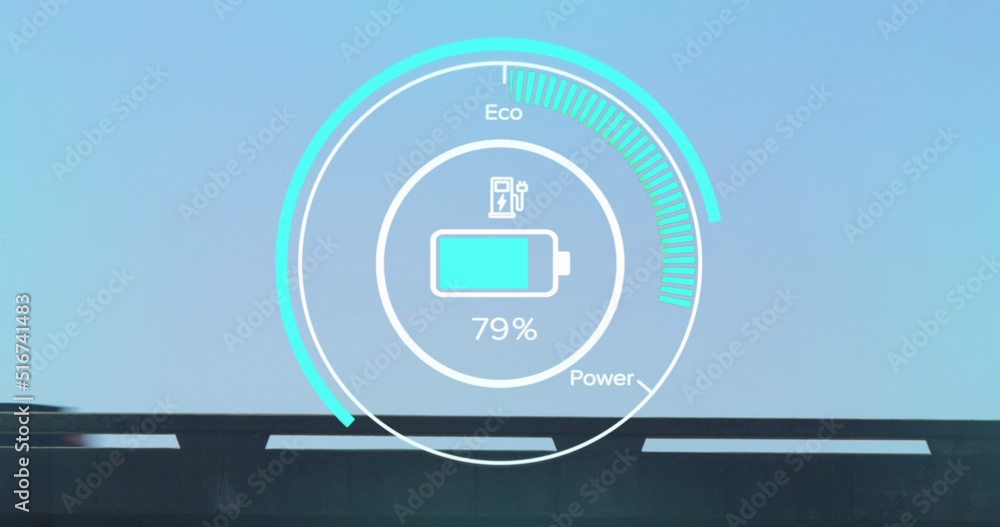 Image of interface with charging battery icon and speedometer over road Stock Illustration ...