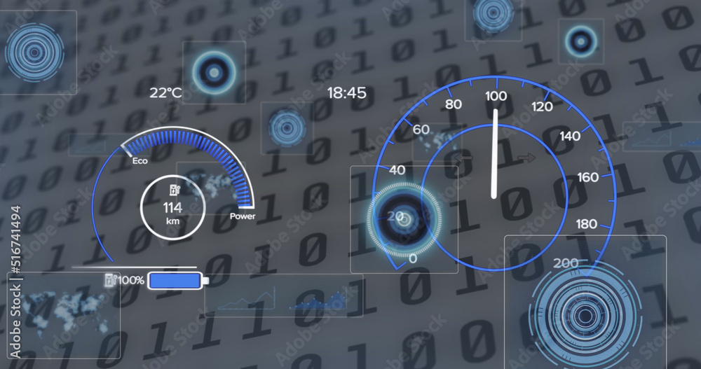 Image of interface with charging battery icon and speedometer over binary coding Stock ...