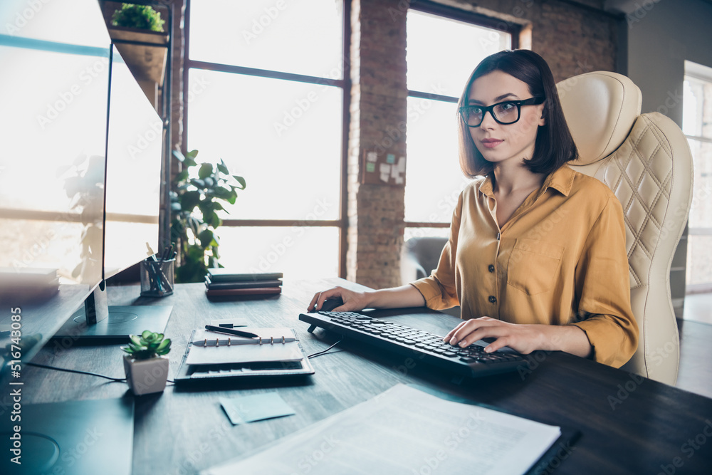 Portrait of attractive clever smart girl qualified cyber editor writing ...